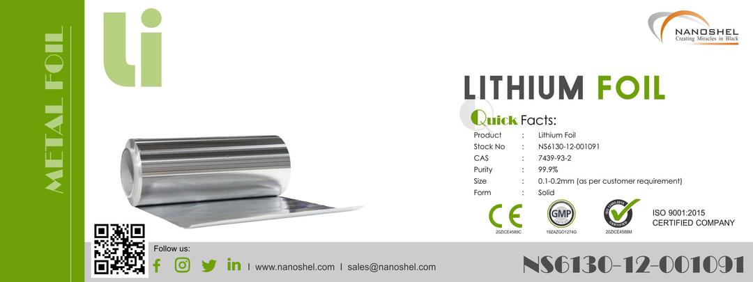 Lithium Foil (Li, Purity: 99.9%, Thick: 0.1-0.2mm, Width: 60mm)