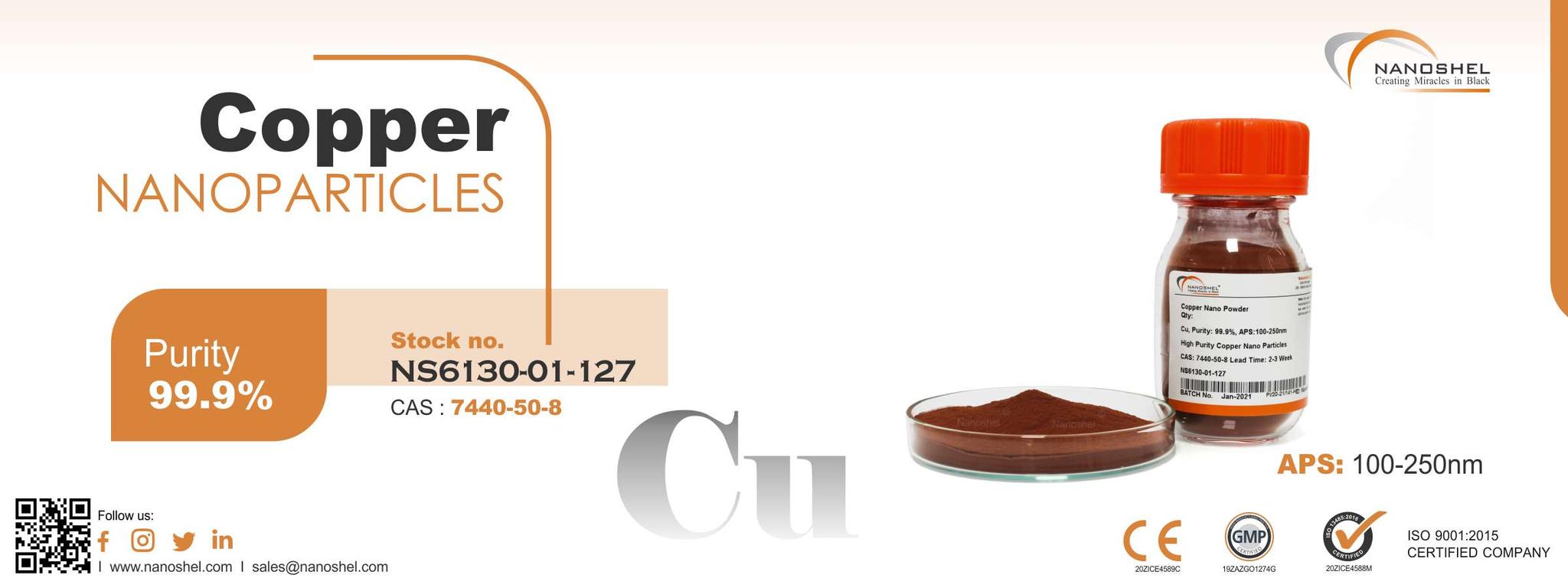 Copper Nanoparticle (Cu, Purity: 99.9%, APS: 100-250 nm, Metal basis)