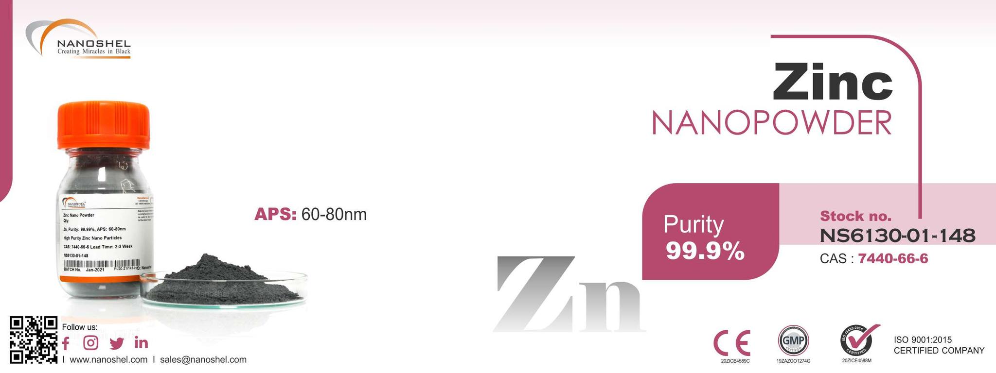 Zinc Nanopowder High Purity Less Price Worldwide Shipping