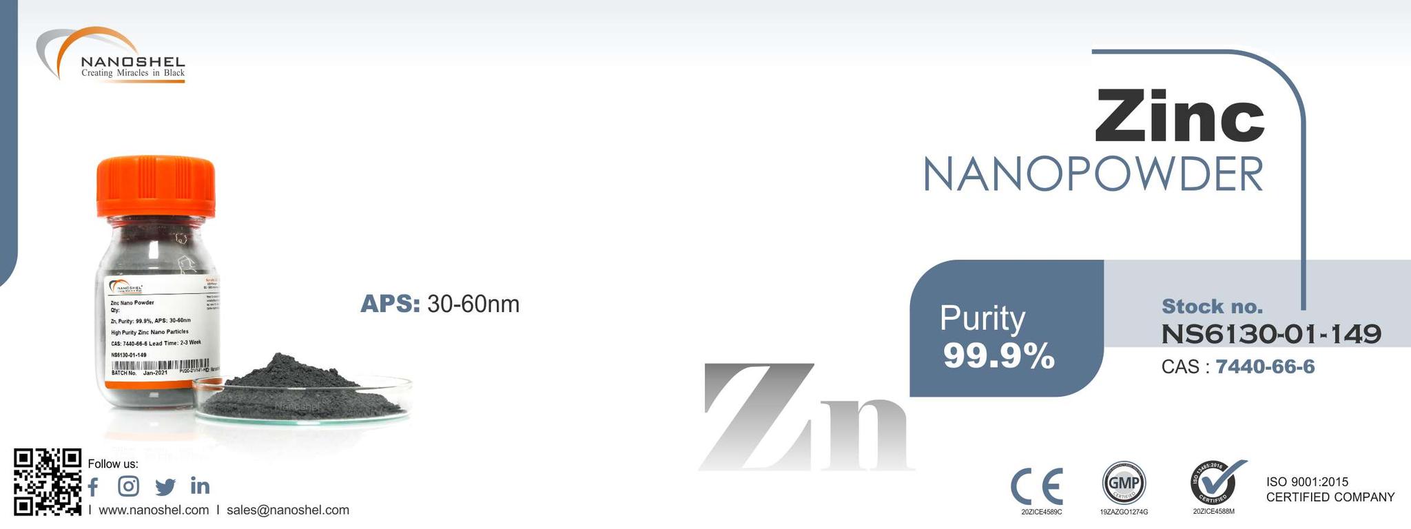 Zinc Nanoparticles (Zn, High Purity, 99.9%, 30-60 nm, Metal basis)