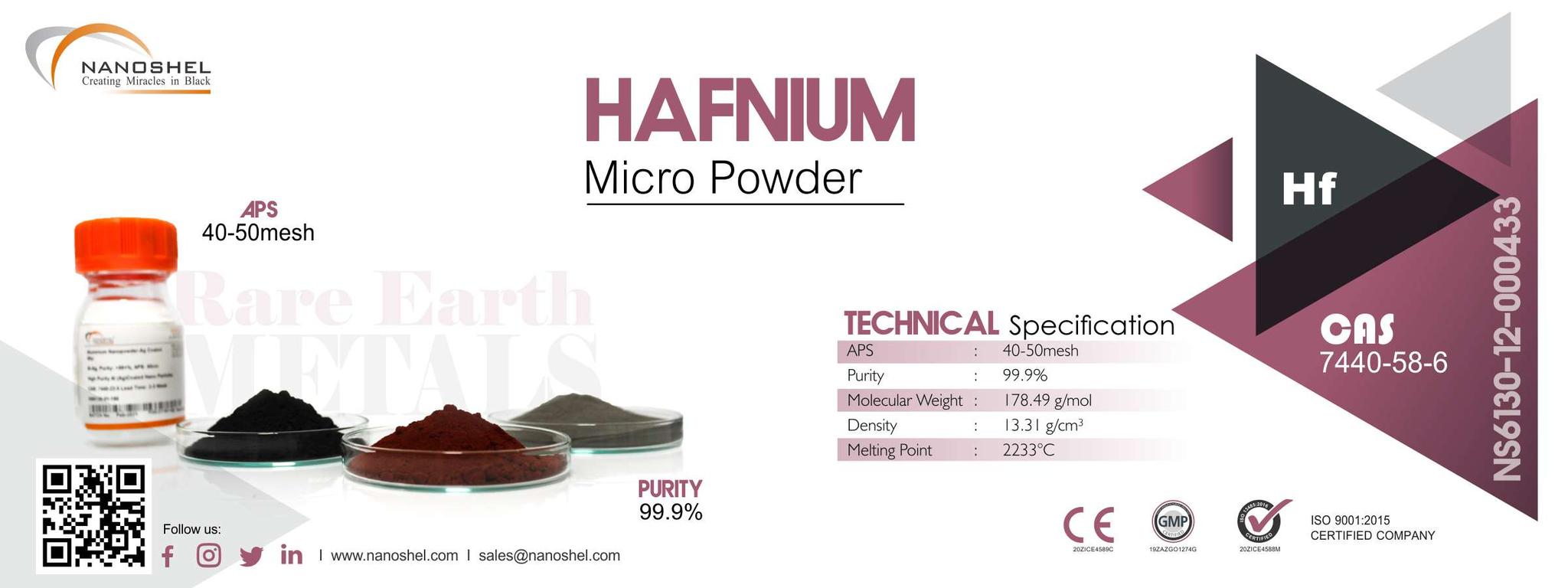 Hafnium Micro Powder Less Price High Purity Worldwide Delivery